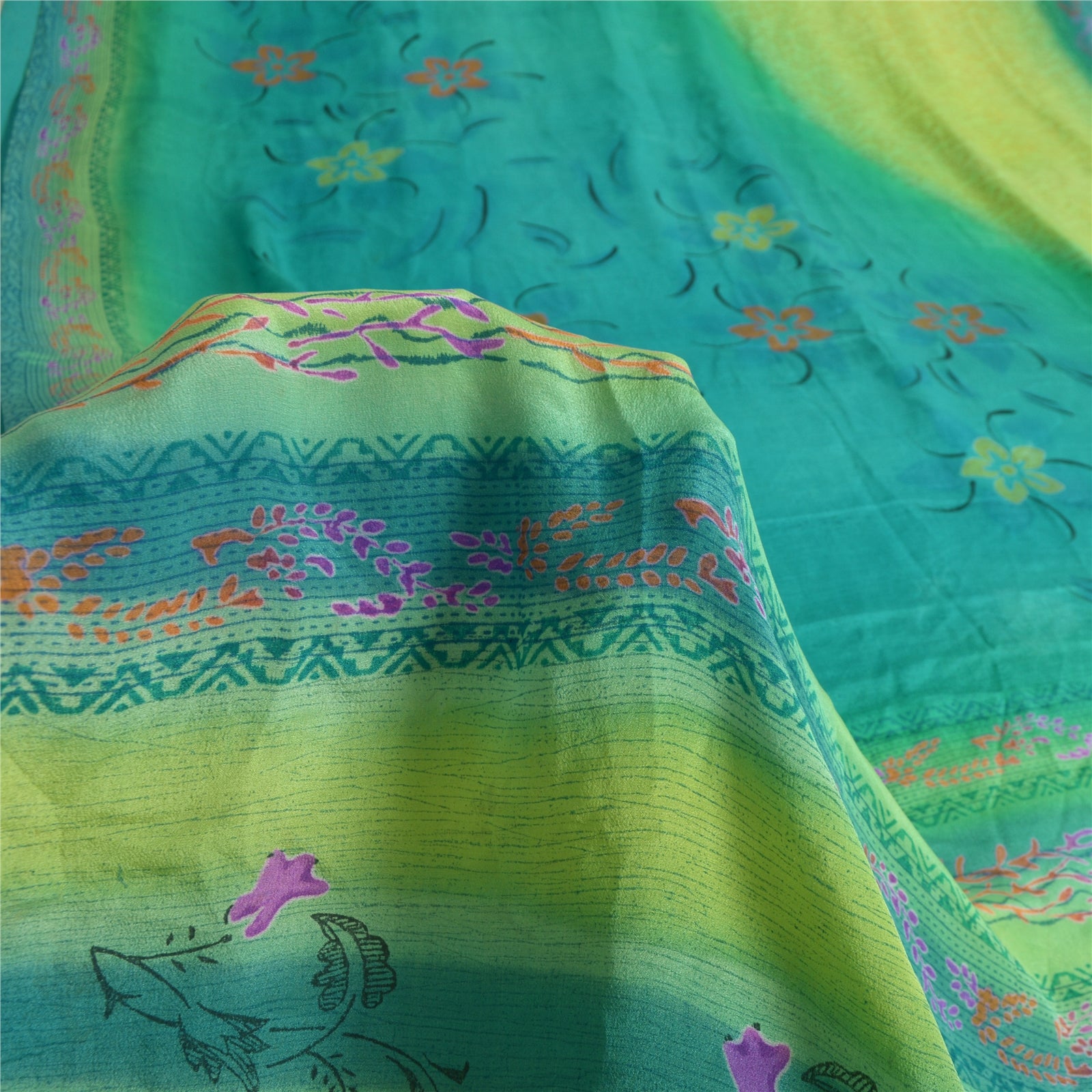 Sanskriti Vintage Sarees Blue/Green Pure Crepe Silk Printed Sari Craft