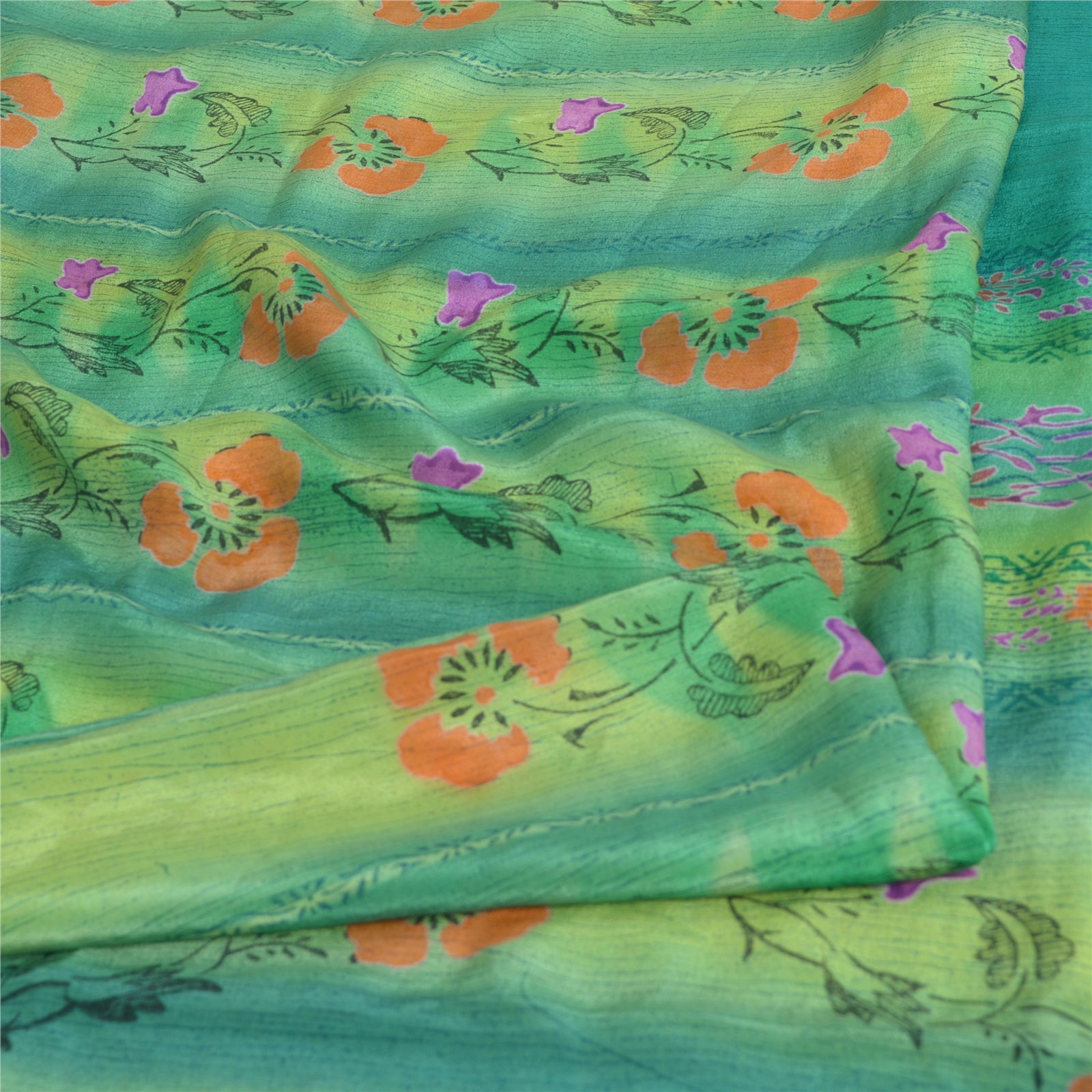 Sanskriti Vintage Sarees Blue/Green Pure Crepe Silk Printed Sari Craft